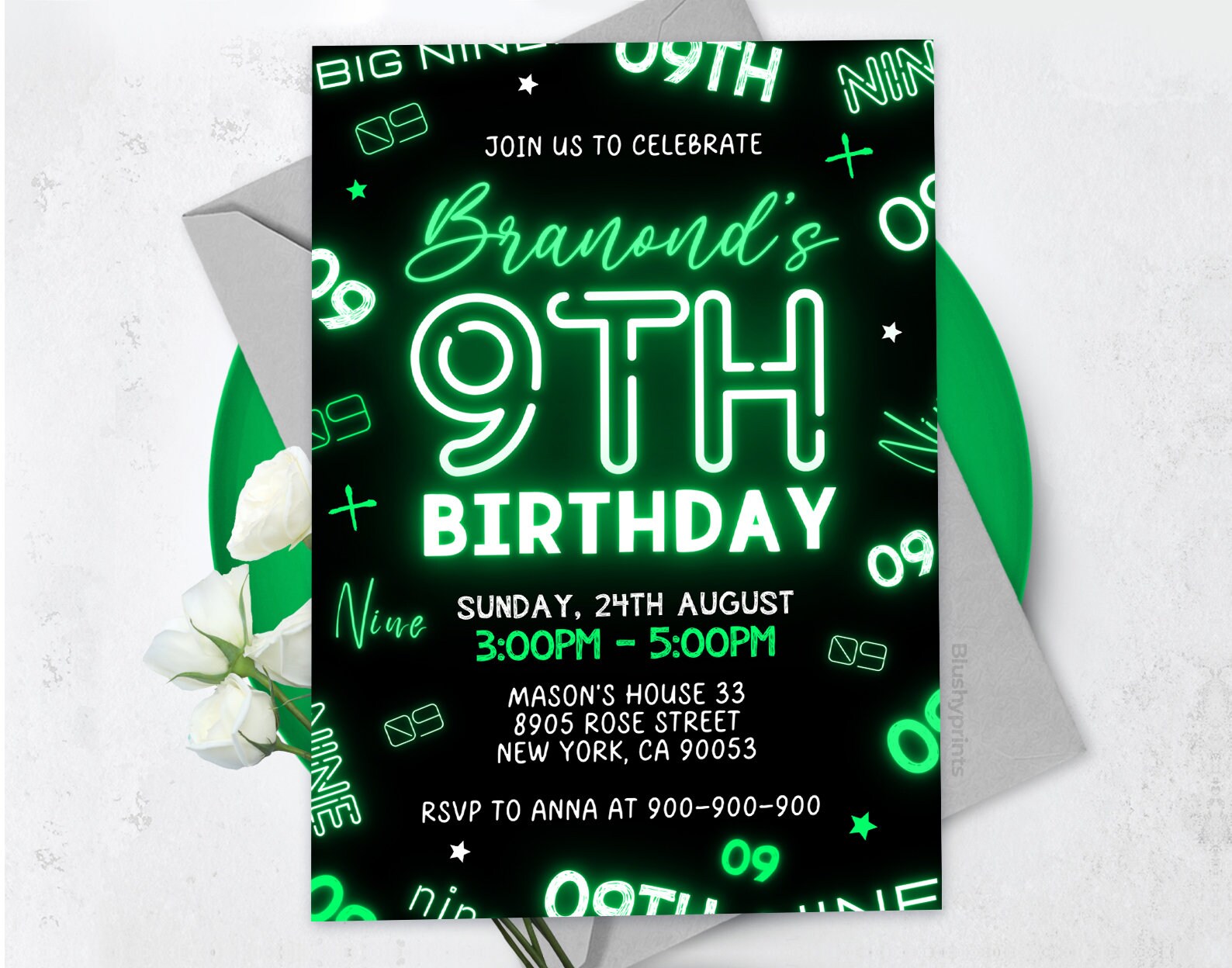 Neon 9th Birthday Invitation, Boy Birthday Invitation, Glow Invitation ...