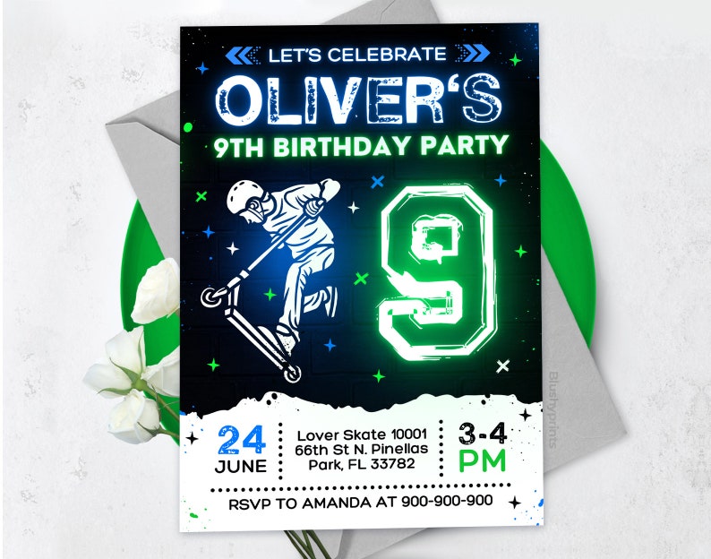 Scooter Birthday Invitation, Skate Party Invitation, Boy Birthday ...