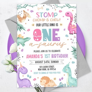 Dinosaur 1st Birthday Invitation, Girl Dinosaur Invitation, Oneasaurus ...