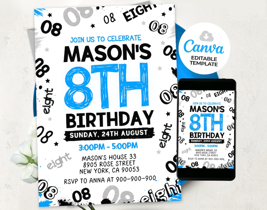 Boy 8th Birthday Invitation, Boy Invitations, Boy Any Age Invitation ...