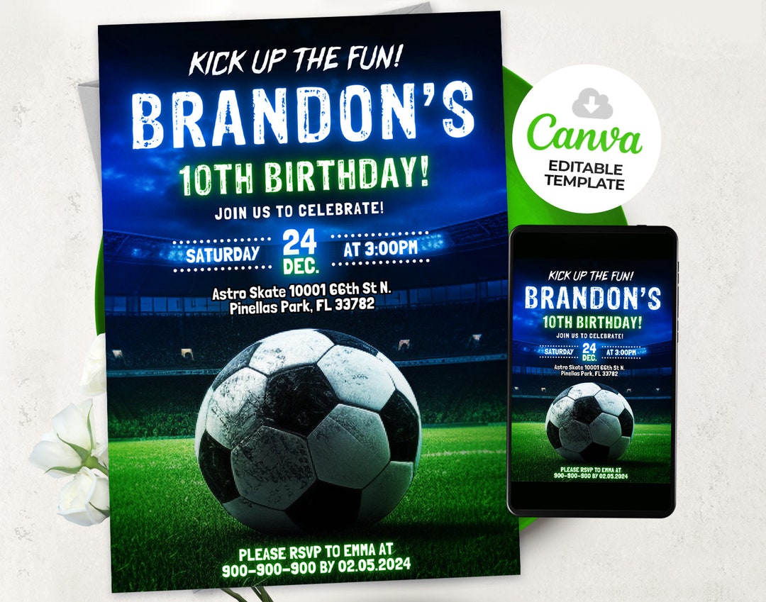 Soccer Birthday Invitation, Editable Boy Soccer Invitation, BSM031 - Etsy