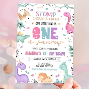 Dinosaur 1st Birthday Invitation, Girl Dinosaur Invitation, Oneasaurus ...