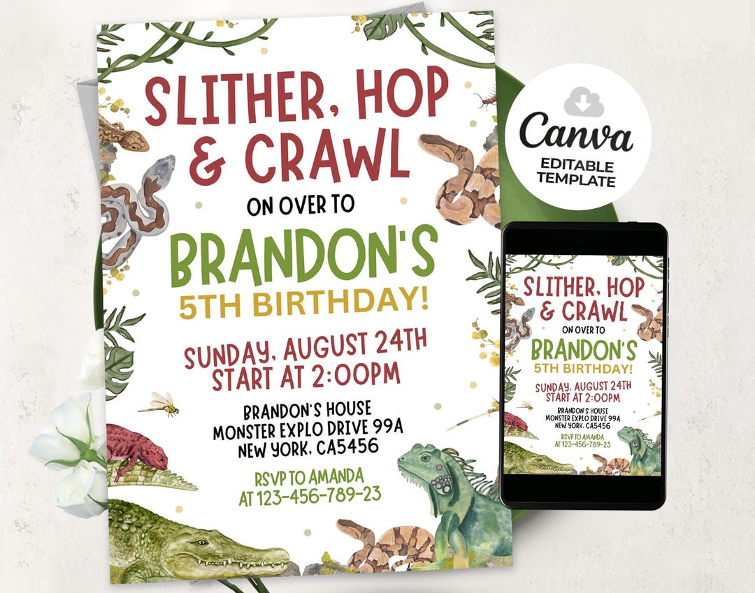 Reptile Birthday Invitation, Slither Hop and Crawl, Lizard Snake Party ...