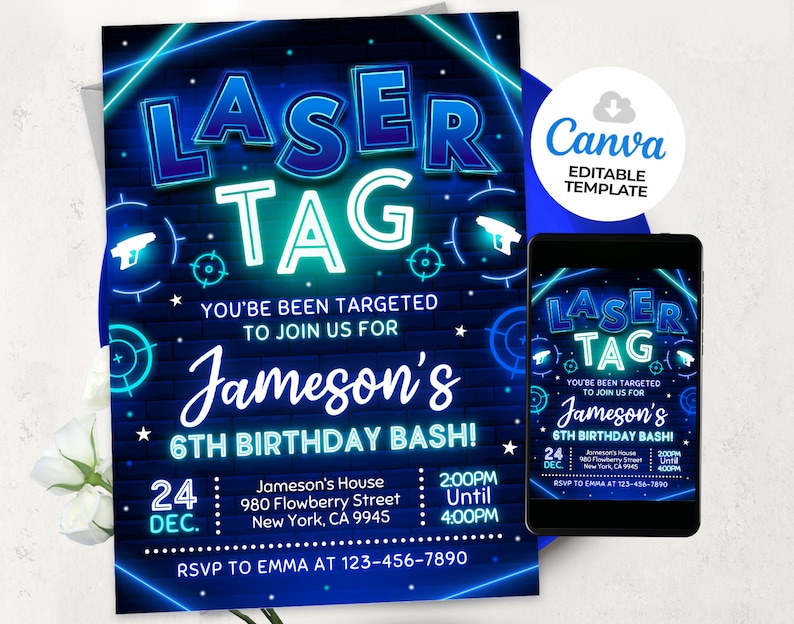 Laser Tag Party Invitation Neon Birthday Party Invite Glow Laser Tag ...