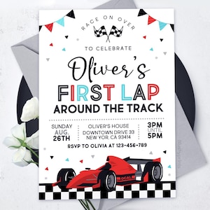 Race Car First Birthday Invitation, First Lap Around the Track Invite ...