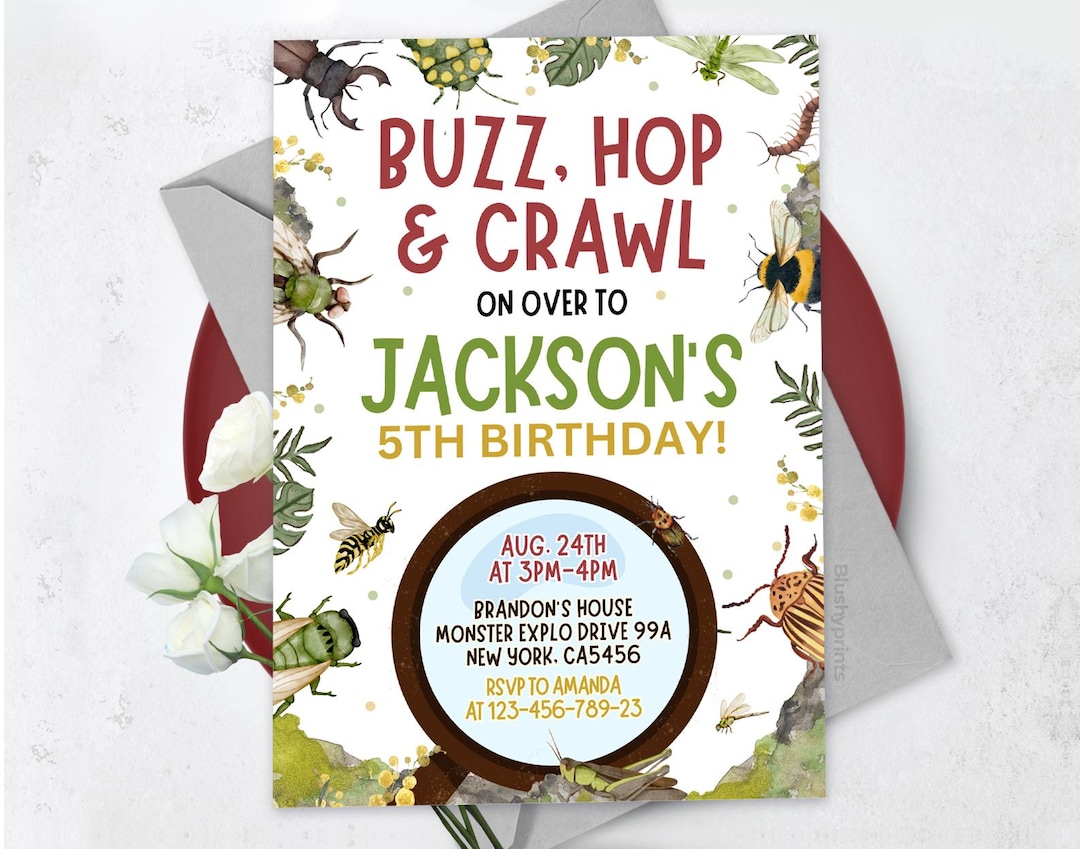 Insect Bug Birthday Invitation, Buzz Hop and Crawl, Insects Party ...