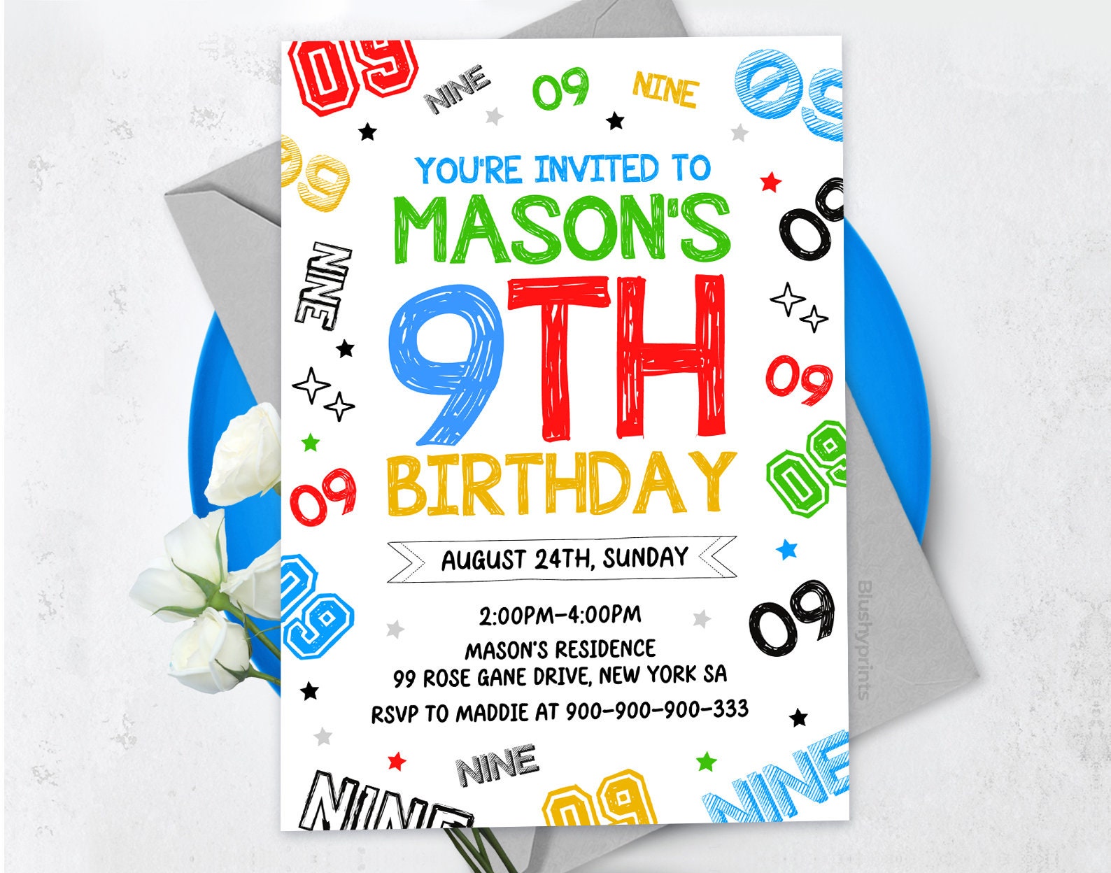 9th Birthday Invitation, Boy Birthday Invitation, Number Birthday ...