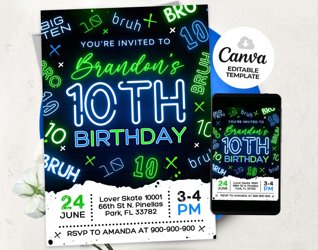 Boy 10th Birthday Invitation, Bruh Birthday Invitation, Neon, Glow ...
