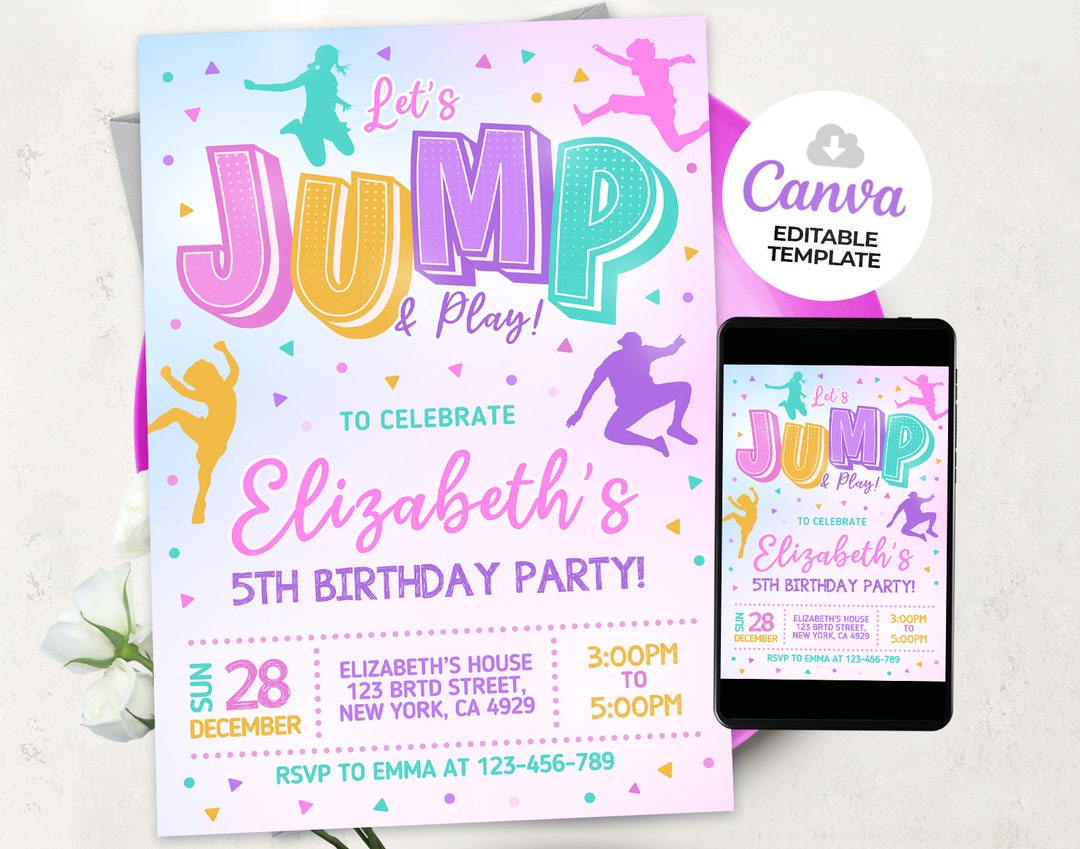 Jump Invitation Editable Jump Birthday Invite Trampoline Party Bounce ...