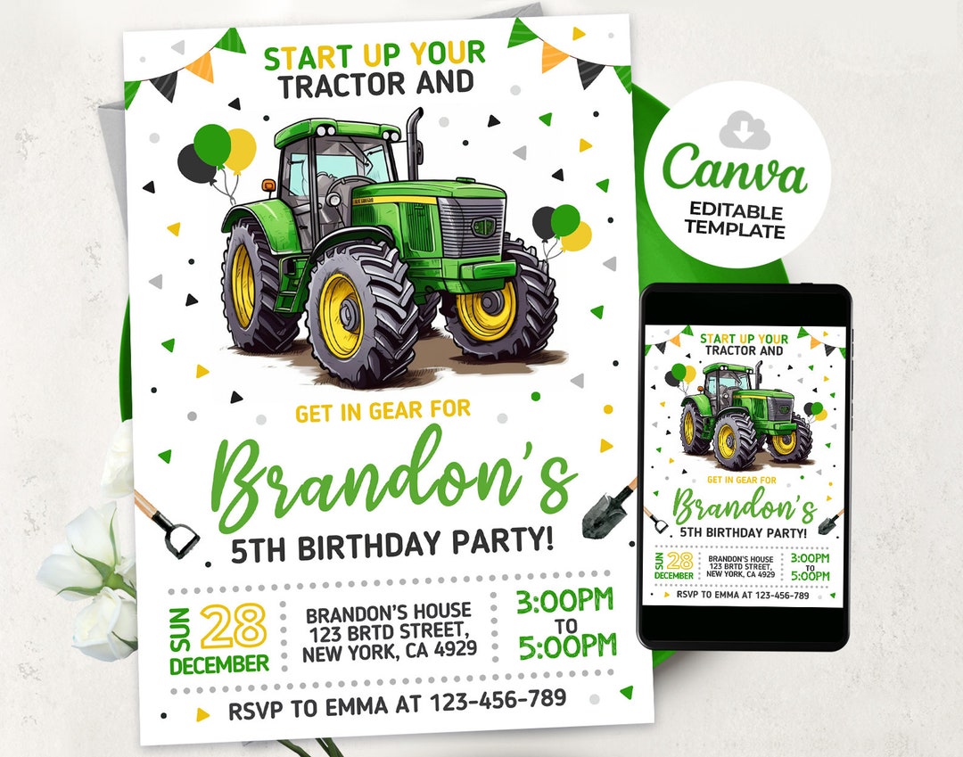 Tractor Invitation, Green Tractor Birthday Invitation, Tractor Birthday ...