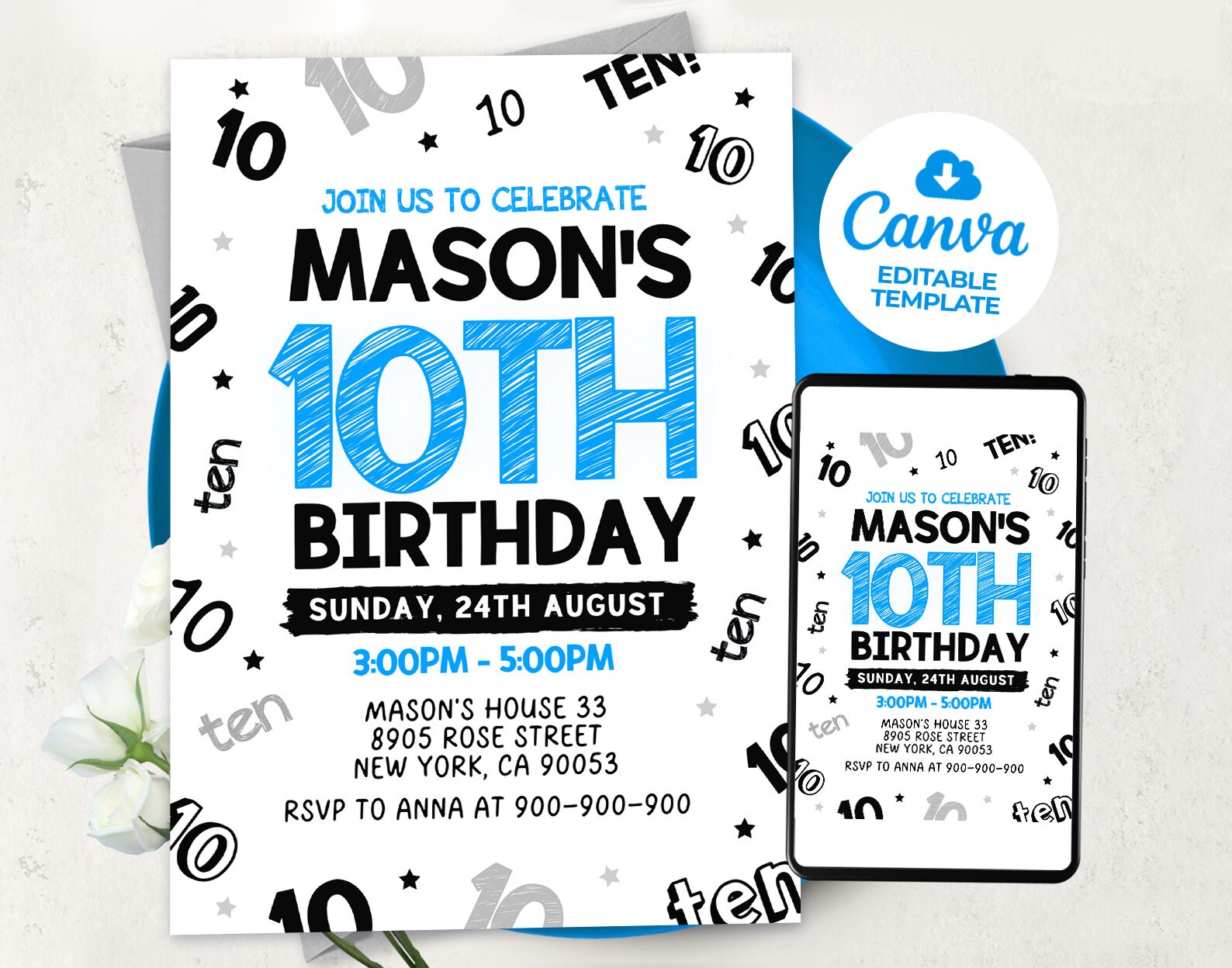 Modern 10th Birthday Invitation Boy Birthday Invitation Number Birthday ...