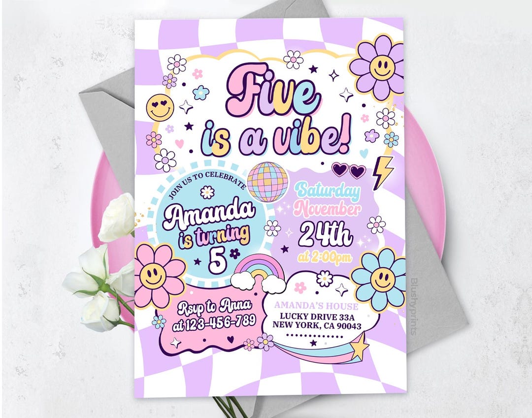 5th Birthday Party Invitation, Five is A Vibe Preppy 5th Birthday Party ...
