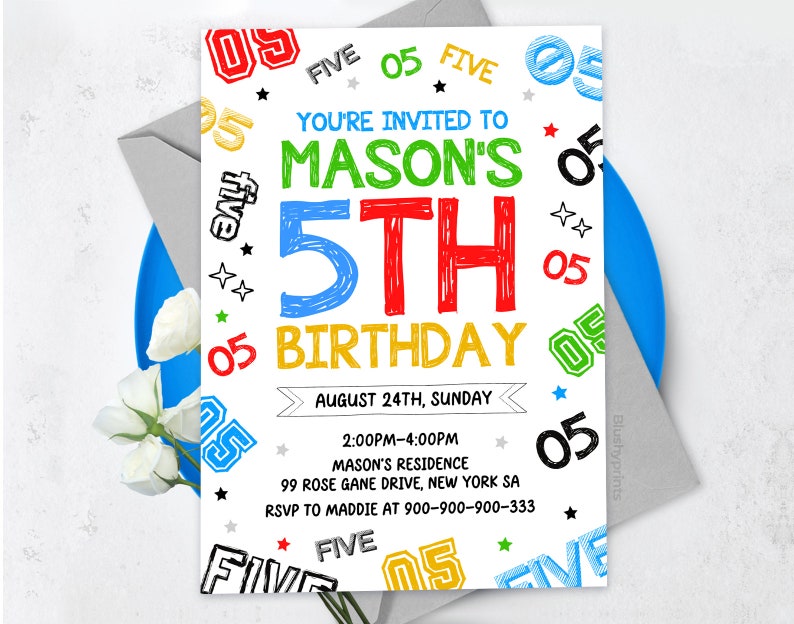 5th Birthday Invitation, Boy Birthday Invitation, Number Birthday ...