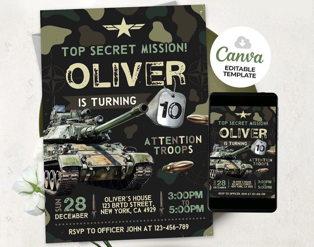 Military Party Invitations, Army Birthday Invitation, Soldier Birthday ...