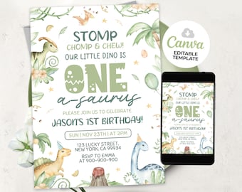 Editable One A Saurus First Birthday Invitation Template Boy Printable ...