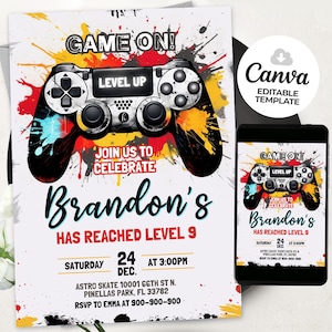 Video Game Party Invitation, Level up Birthday Invite, Video Gamer Boy ...