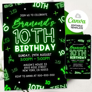 Neon 10th Birthday Invitation, Boy Birthday Invitation, Glow Invitation ...