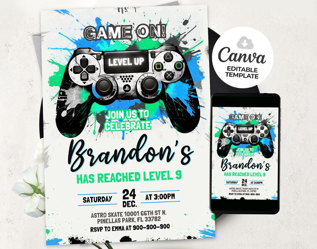 Video Game Party Invitation, Level up Birthday Invite, Video Gamer Boy ...