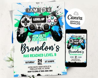 Video Game Party Invitation, Level up Birthday Invite, Video Gamer Boy ...