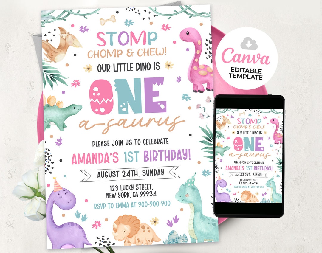 Dinosaur 1st Birthday Invitation, Girl Dinosaur Invitation, Oneasaurus ...