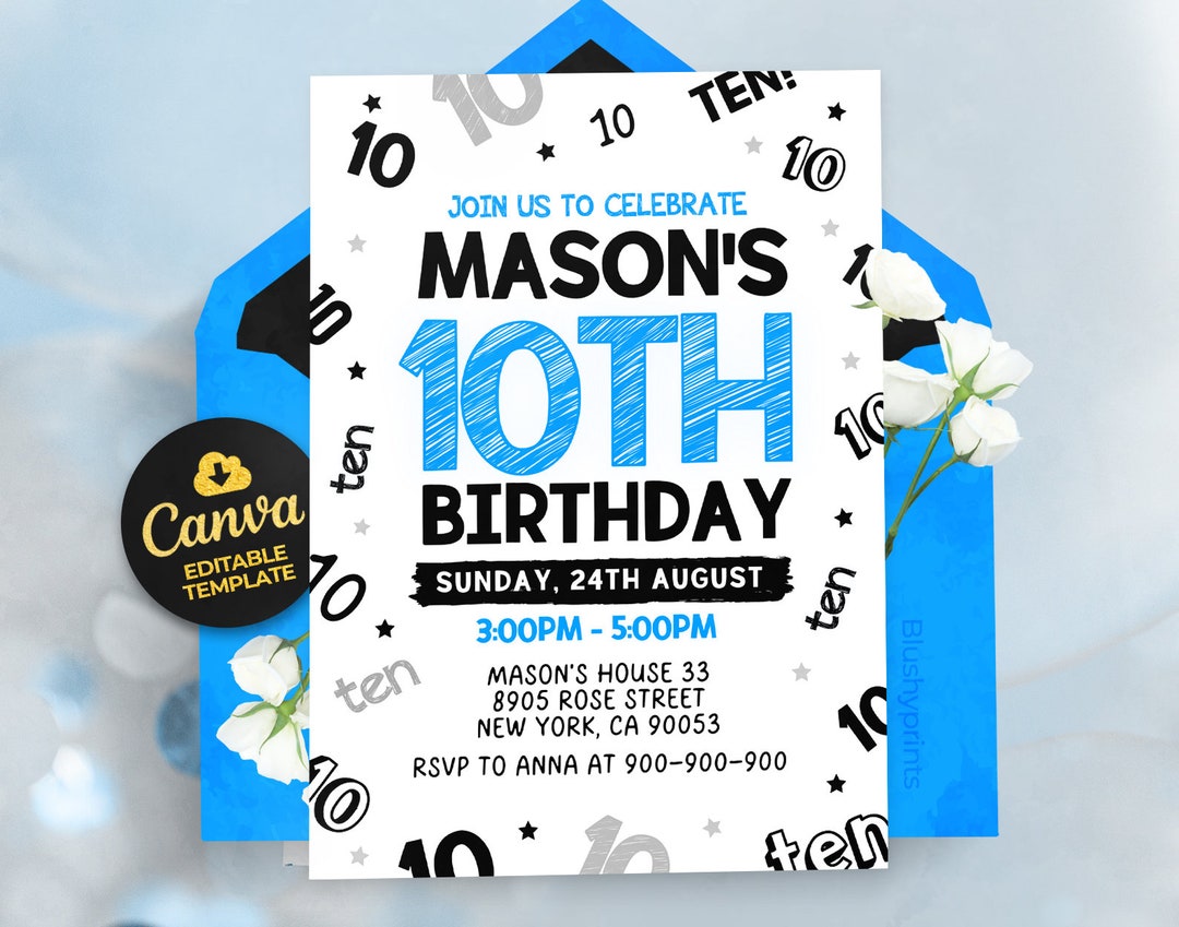 Modern 10th Birthday Invitation Boy Birthday Invitation Number Birthday ...