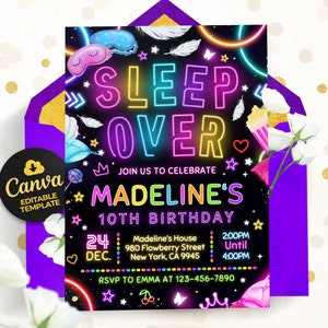 Sleepover Birthday Invitation, Slumber Party, Pajama Party, Glow ...