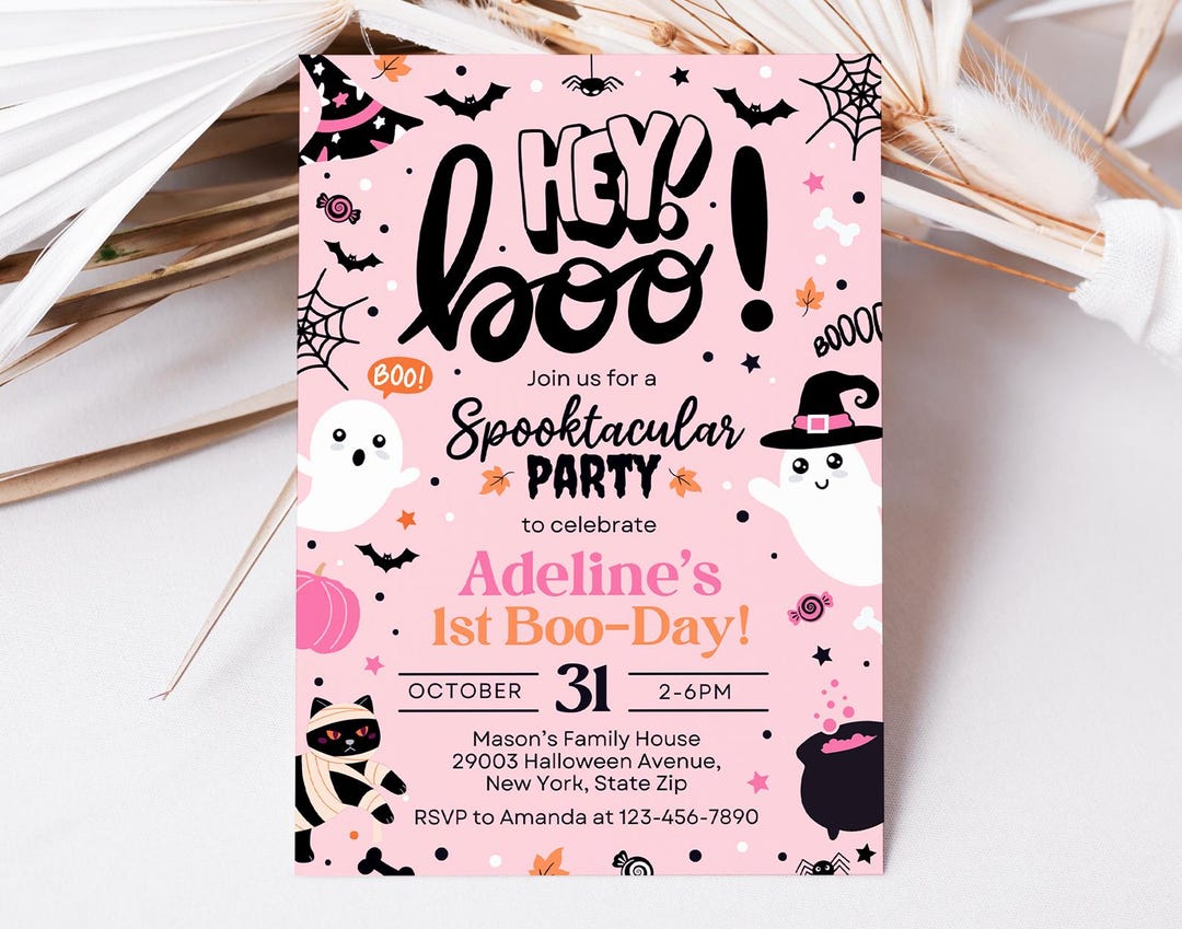 Halloween Pink Ghost Birthday Invitation, Hey Boo Girl Party ...
