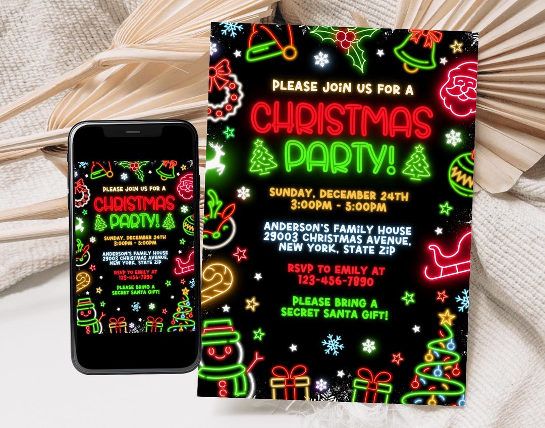 Neon Christmas Party Invitation, Glow Christmas Invitation, Christmas ...