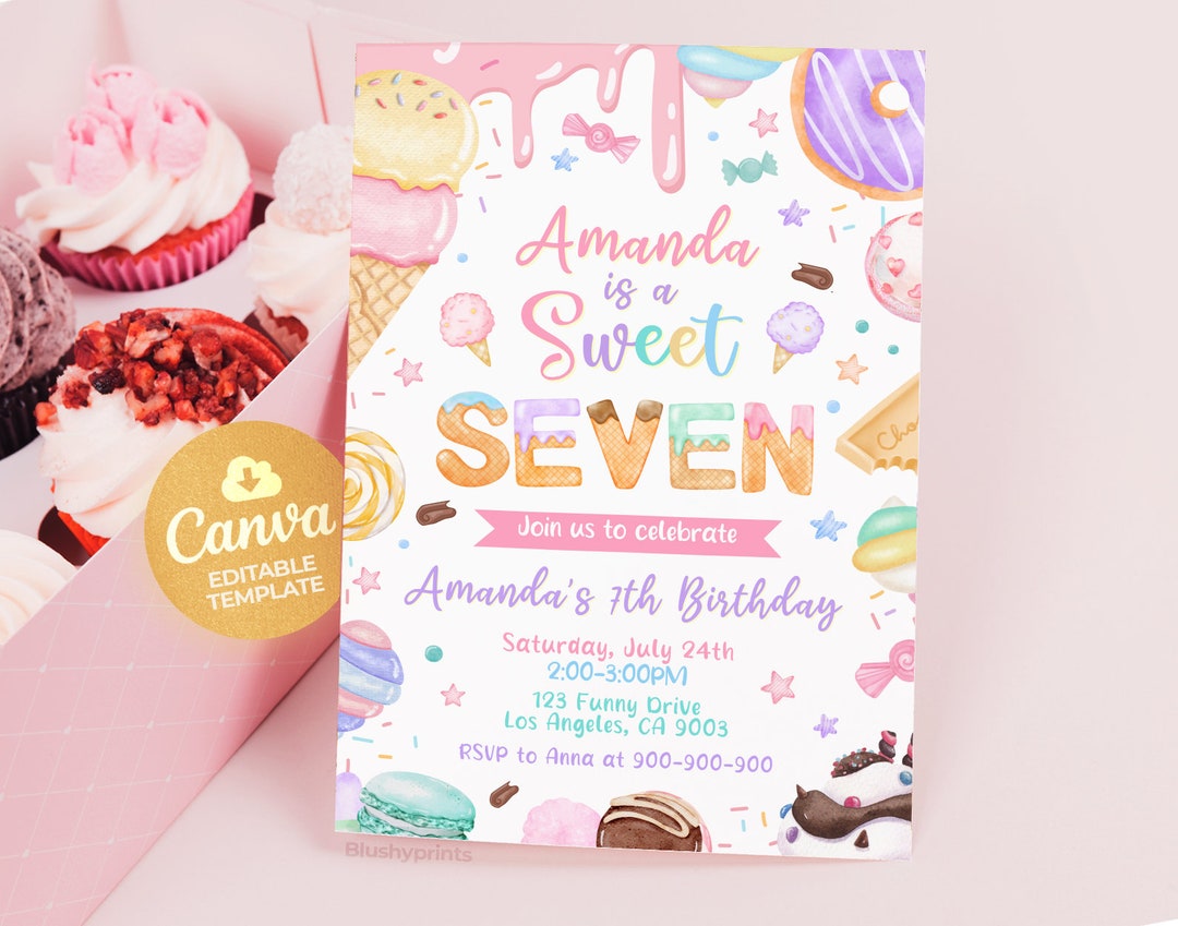 Sweet Seven Birthday Invitation, 7th Birthday Girl Donut Invitation ...