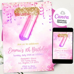 Girl 7th Birthday Invitation, Pink Glitter Birthday Invite, Balloon ...
