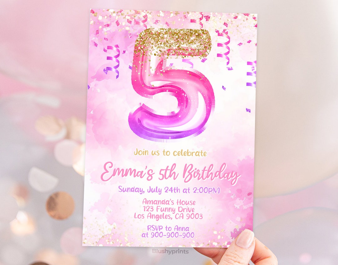 Girl 5th Birthday Invitation, Pink Glitter Birthday Invite, Balloon ...