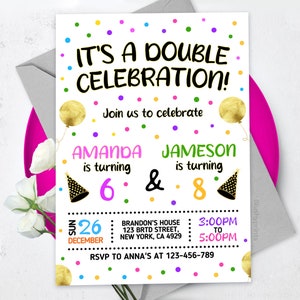 Editable Joint Birthday Party, Sibling Birthday Invitation, Double ...
