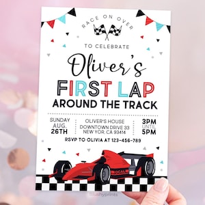 Race Car First Birthday Invitation, First Lap Around the Track Invite ...