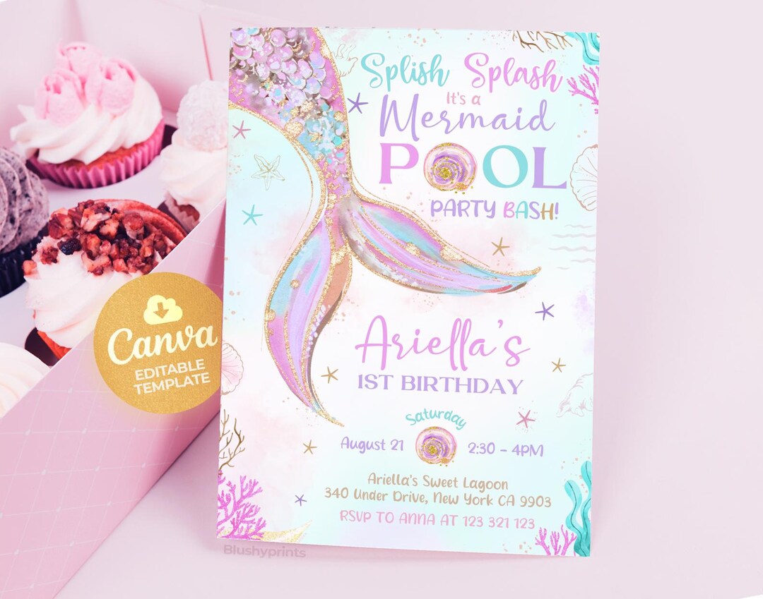 Splish Splash Mermaid Pool Party Invitation Girl Birthday Invite ...