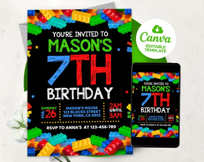 Editable Building Blocks Birthday Invitation, Blocks Invitation ...