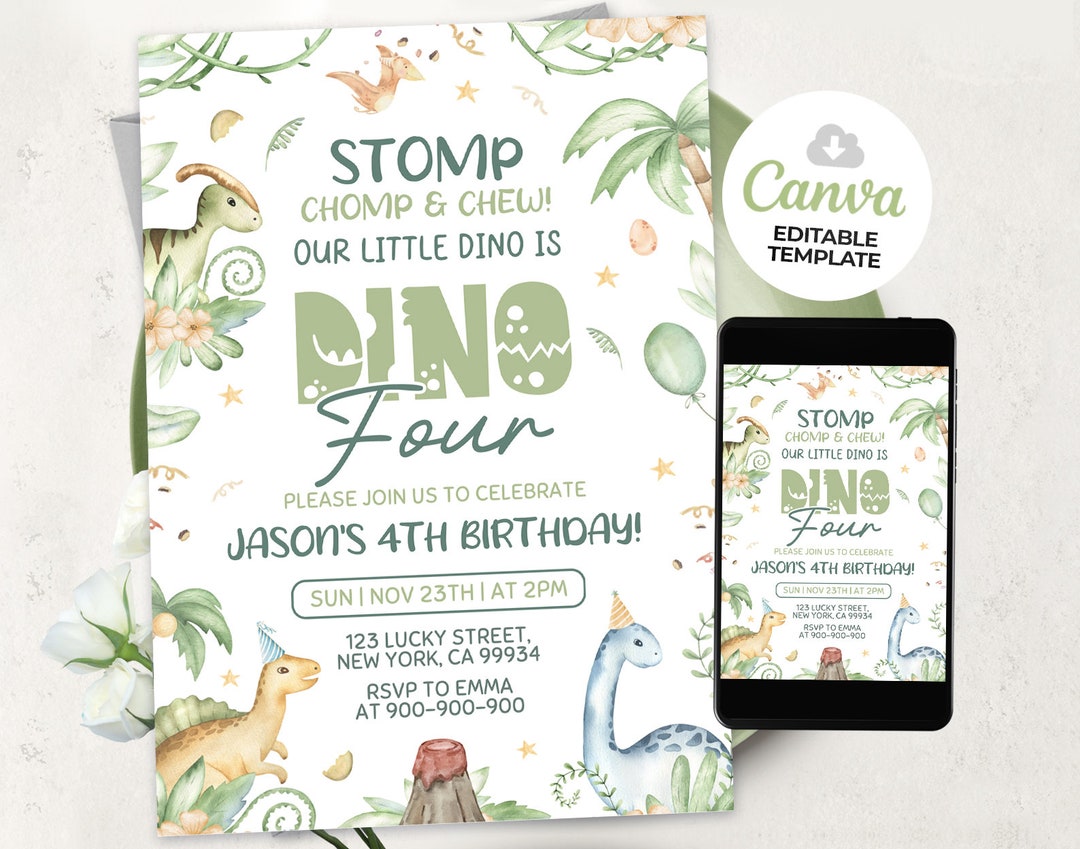 Dinosaur Birthday Invitation, EDITABLE Dinosaur Party Invite Template ...