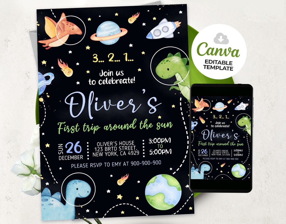 Space Dinosaur Birthday Invitation, EDITABLE Outer Space Party ...
