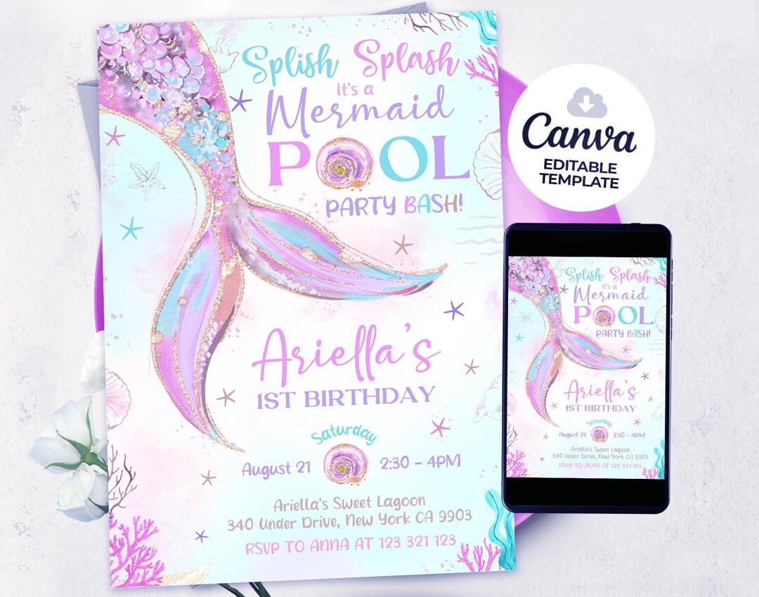 Splish Splash Mermaid Pool Party Invitation Girl Birthday Invite ...