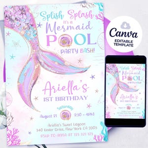 Splish Splash Mermaid Pool Party Invitation Girl Birthday Invite ...
