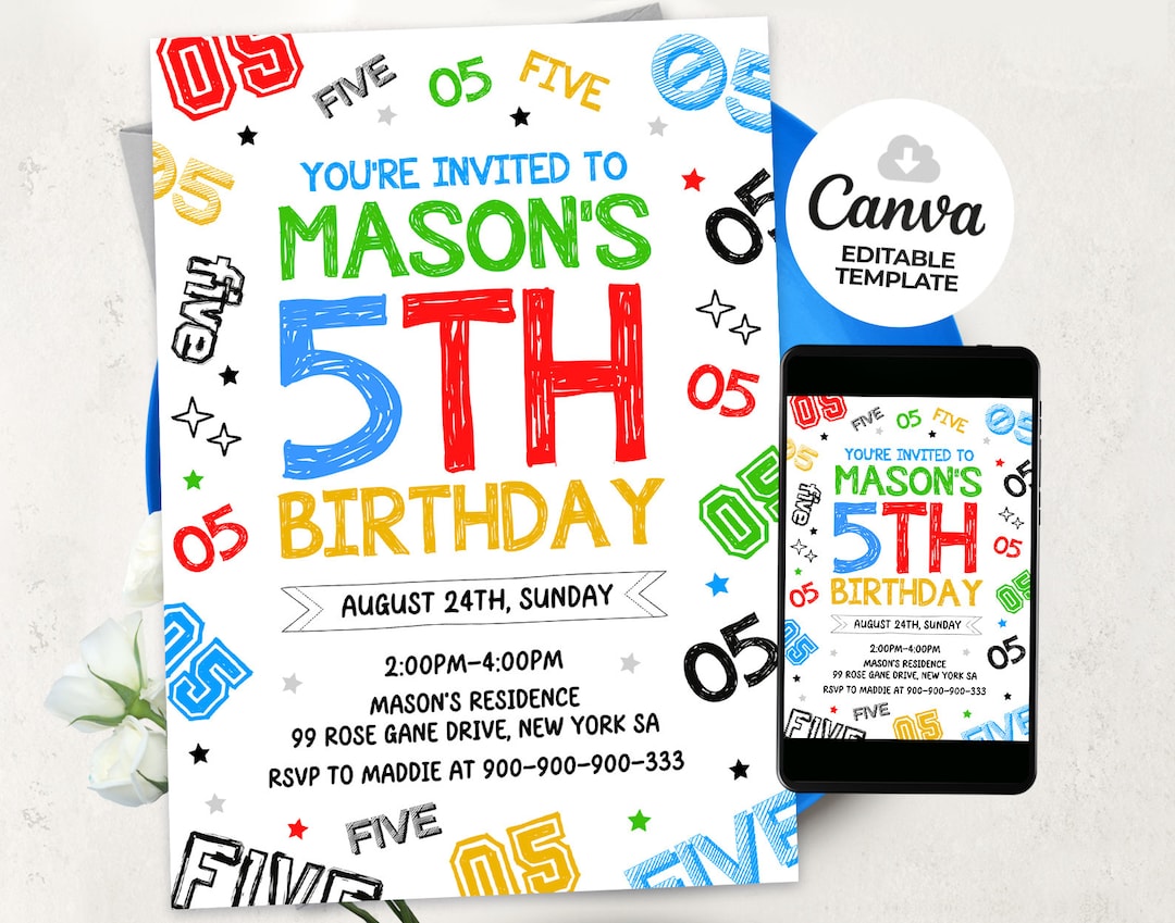 5th Birthday Invitation, Boy Birthday Invitation, Number Birthday ...
