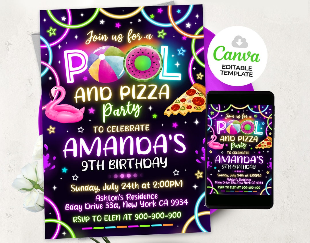 Pizza Pool Party Invitation, Boy Pool Party, Pizza and Pool Party ...