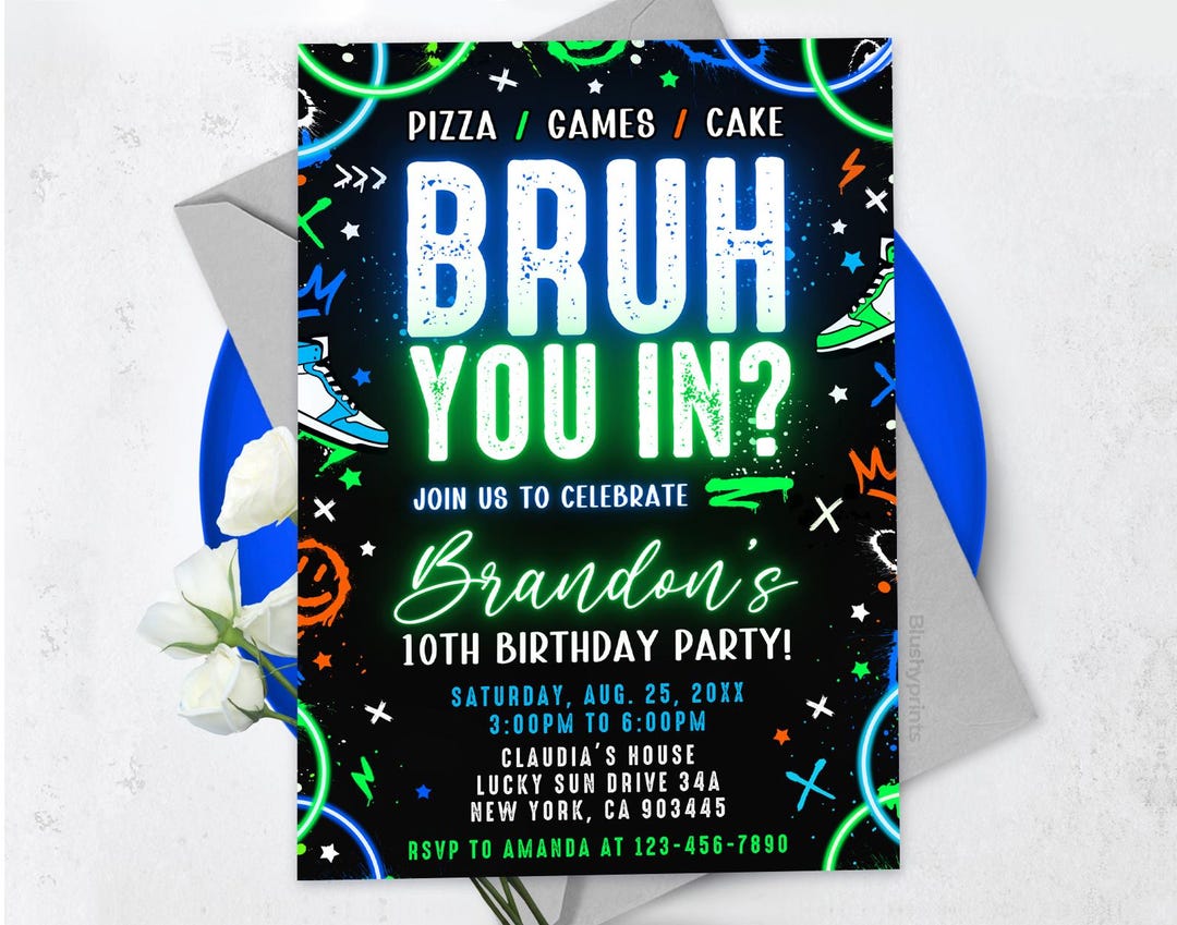 Bruh Birthday Invitation for Boys, Boy Birthday Invitation, Blue Green ...