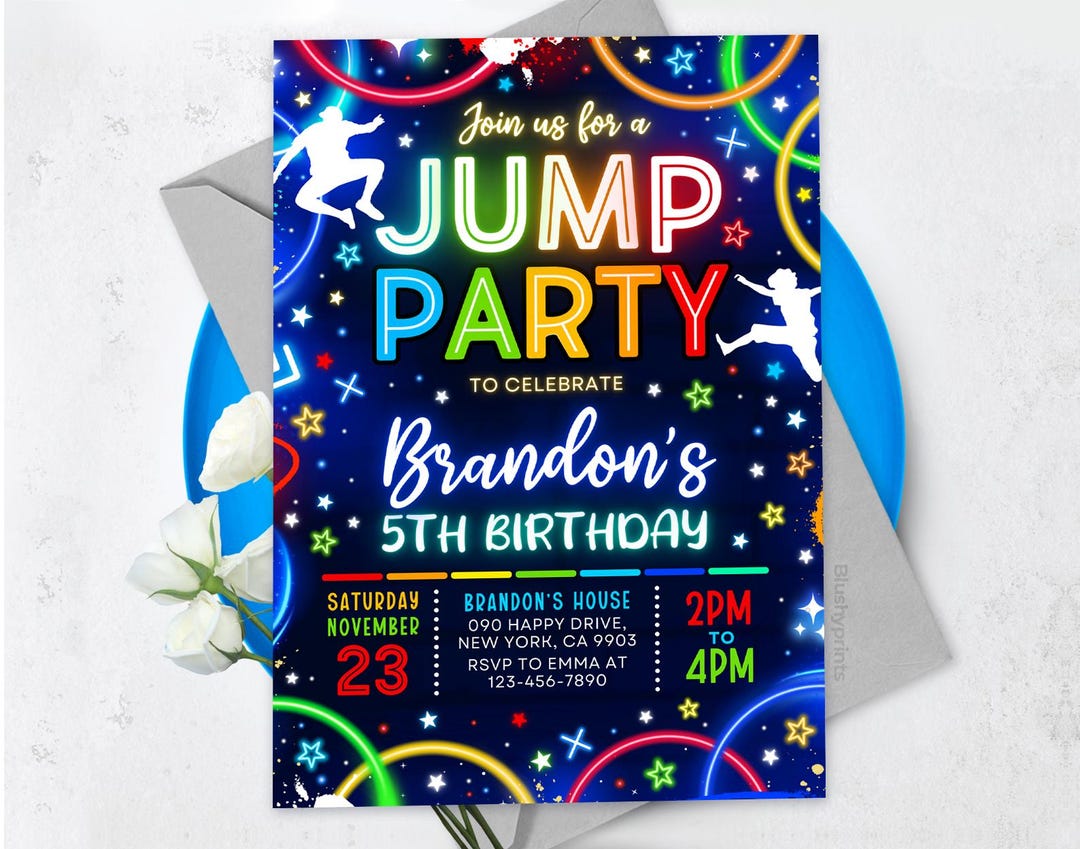 Jump Birthday Invitation, Neon Jump Party Invitation, Trampoline ...