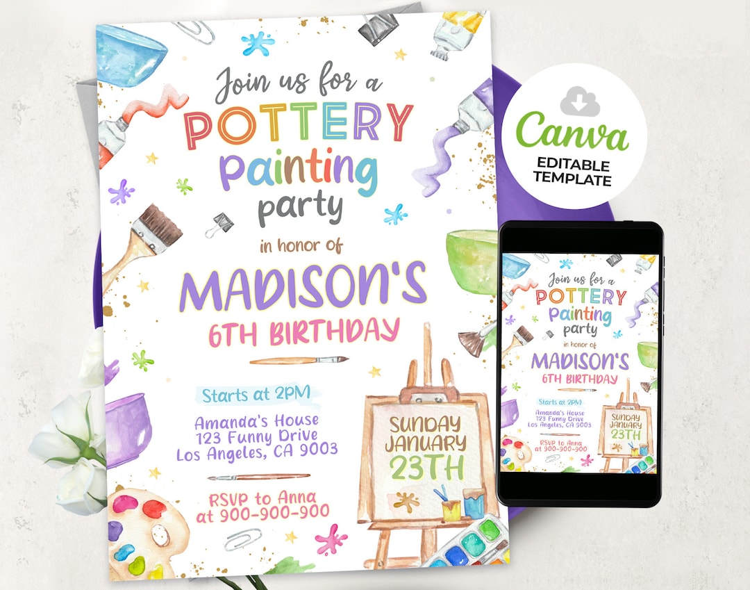 EDITABLE Pottery Painting Birthday Invitation, Art Party Invitation ...