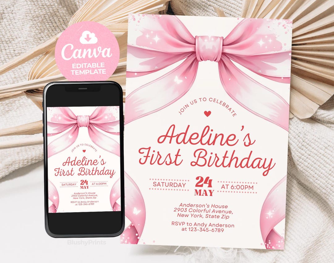 Pink Bow First Birthday Invitation, Pink Coquette Bow Invitation 1st ...