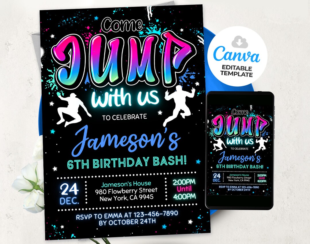 Editable Trampoline Park Birthday Party Invitation, Trampoline Park ...