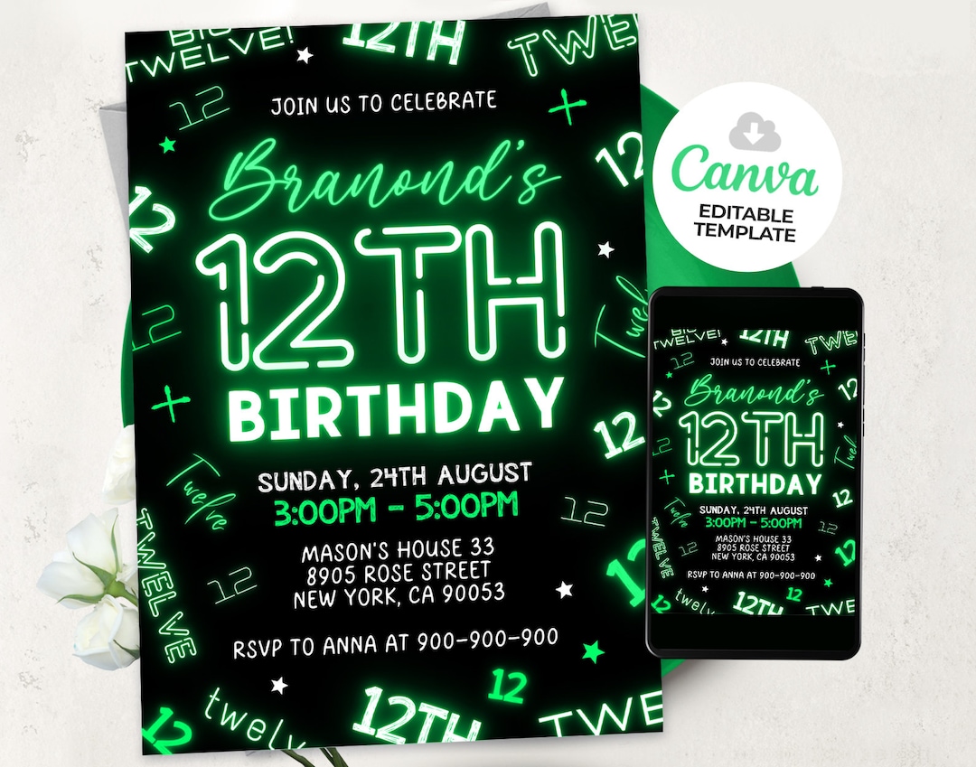 Neon 12th Birthday Invitation, Boy Birthday Invitation, Glow Invitation ...
