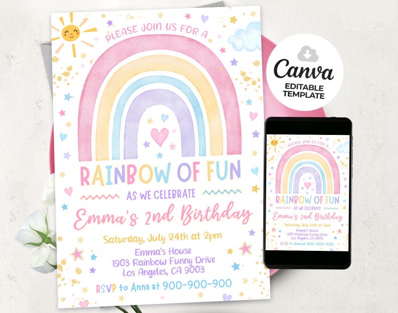 Rainbow Birthday Invitation, Girl Rainbow Party Invites, Rainbow of Fun ...