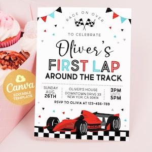 Race Car First Birthday Invitation, First Lap Around the Track Invite ...