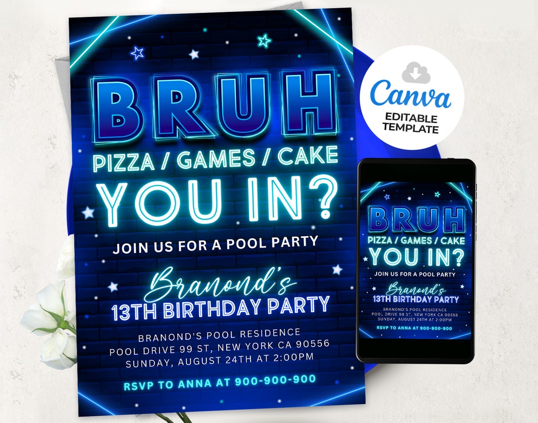 Bruh Invitation, Boy Birthday Invitation, Pool Party Invites, Bruh Its ...